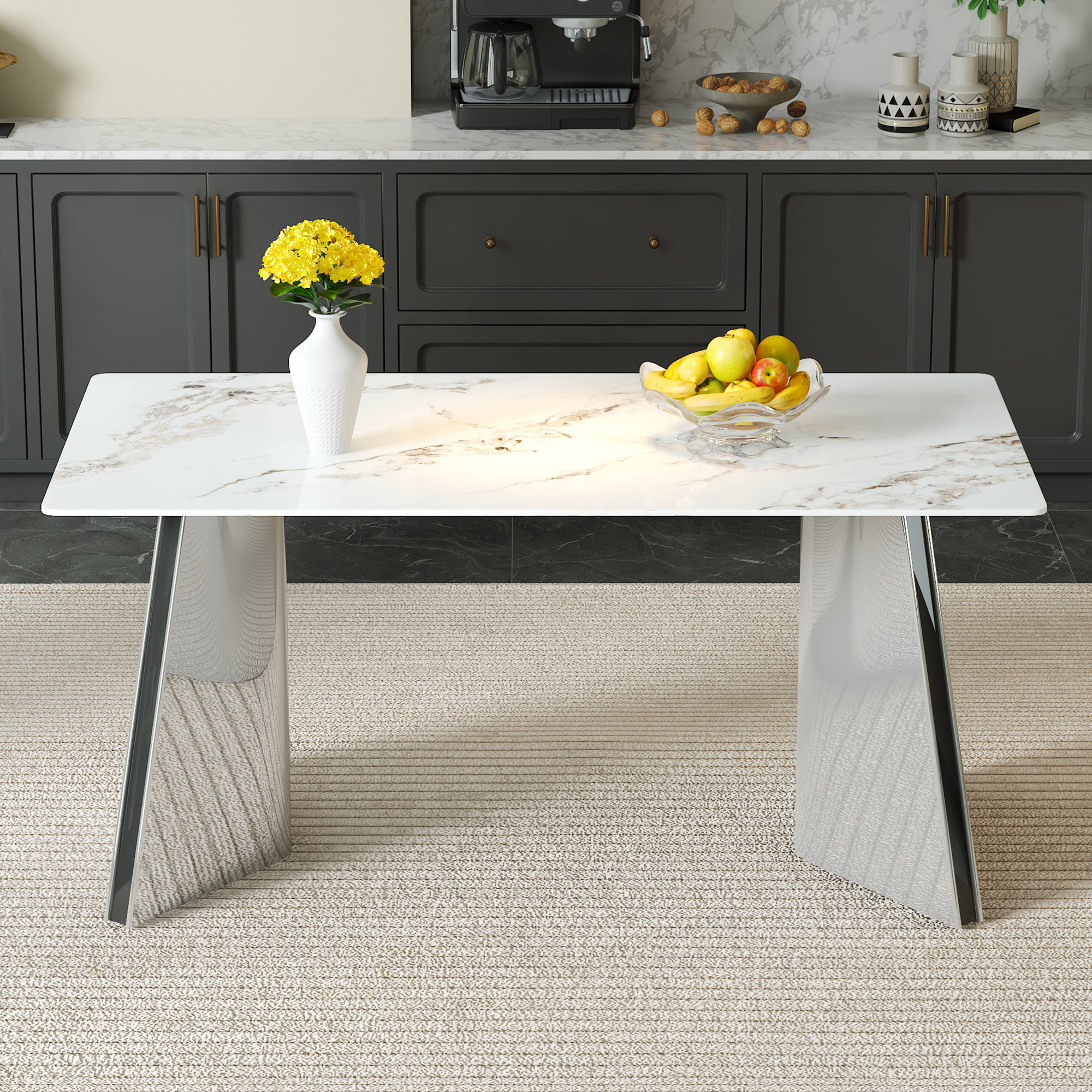 Mercer41 Glamorous 63"X31.5X30" Snow Mountain Stone Slab Dining Table With Stainless Steel Legs ...
